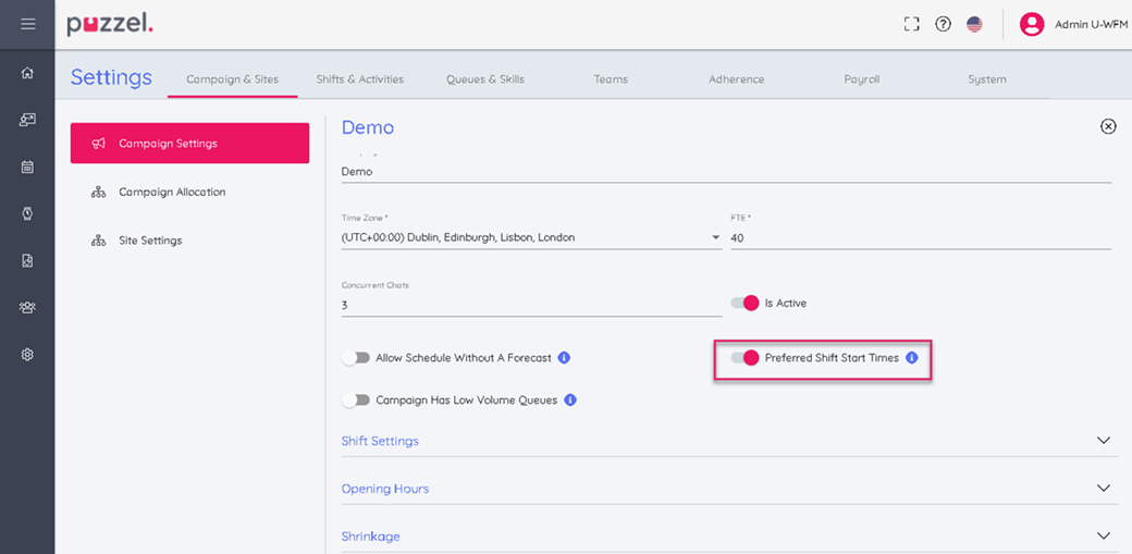 Agent preferred shift start times | Puzzel Help Centre